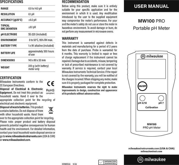 Milwaukee MW100 PRO | Купить измеритель pH метр